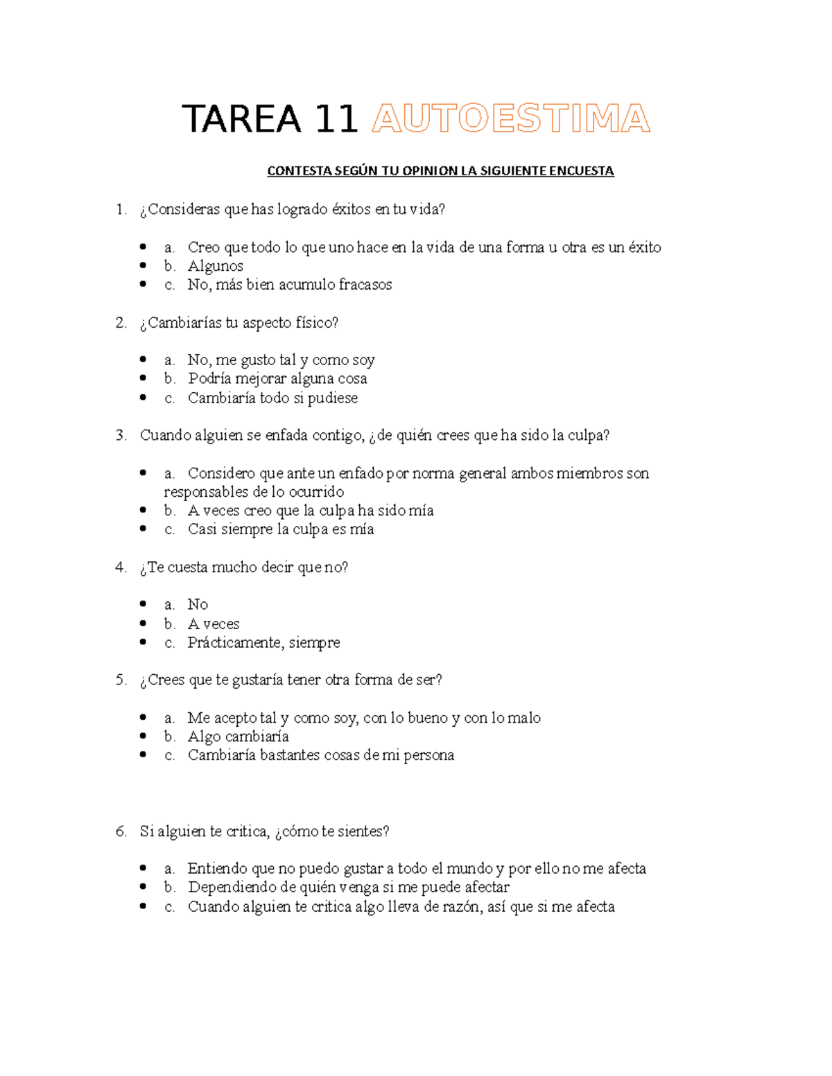 Tarea 11 Autoestima - lectura - TAREA 11 AUTOESTIMA CONTESTA SEGÚN TU ...