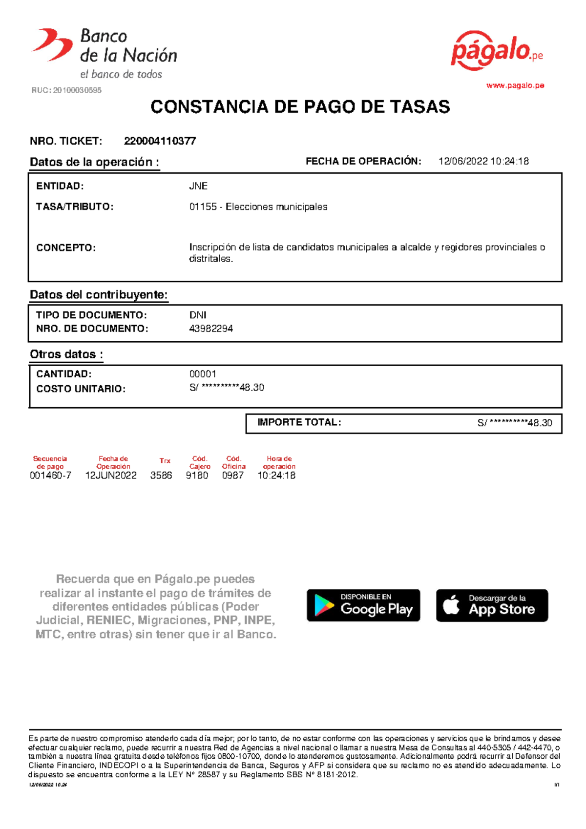 Constancia - declaracion J.E - CONSTANCIA DE PAGO DE TASAS RUC: 20100030595 pagalo FECHA DE ...