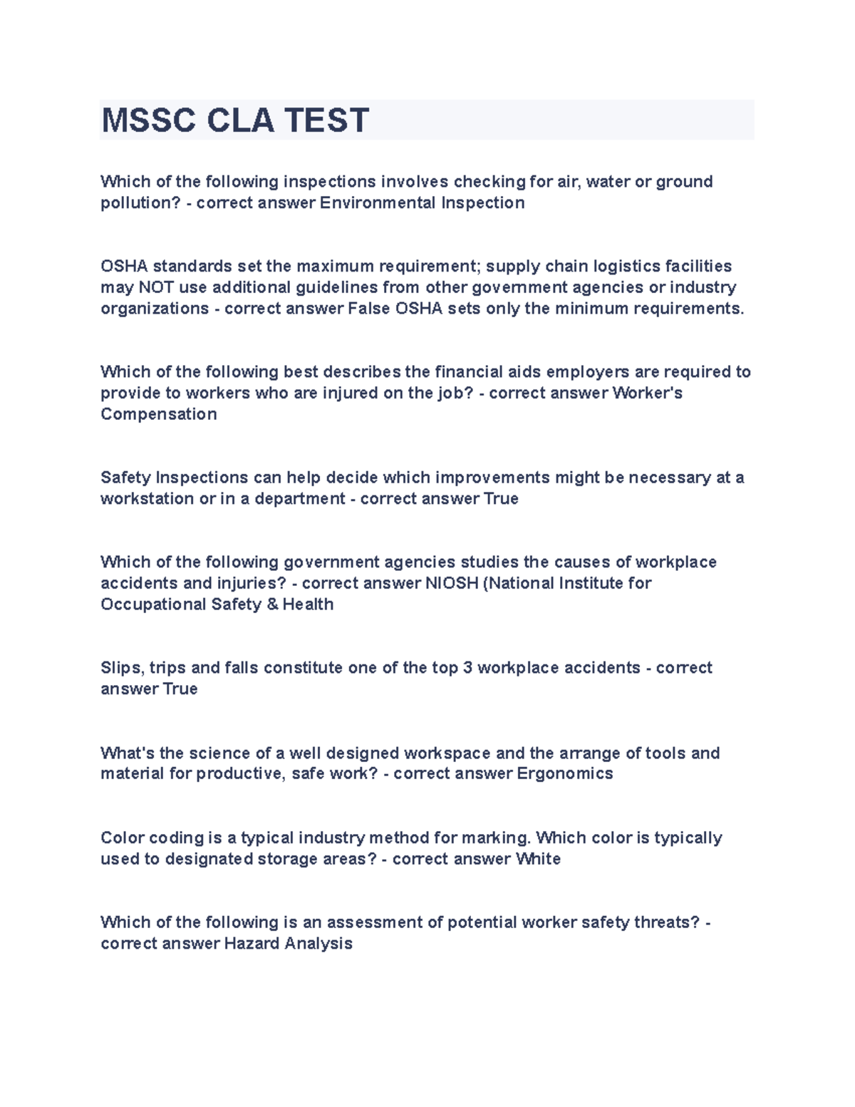 MSSC CLA TEST - MSSC CLA TEST Which of the following inspections ...