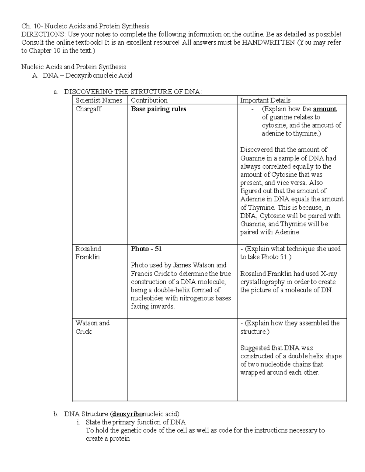 DNAto Proteins Study Guide - Ch. 10- Nucleic Acids and Protein ...