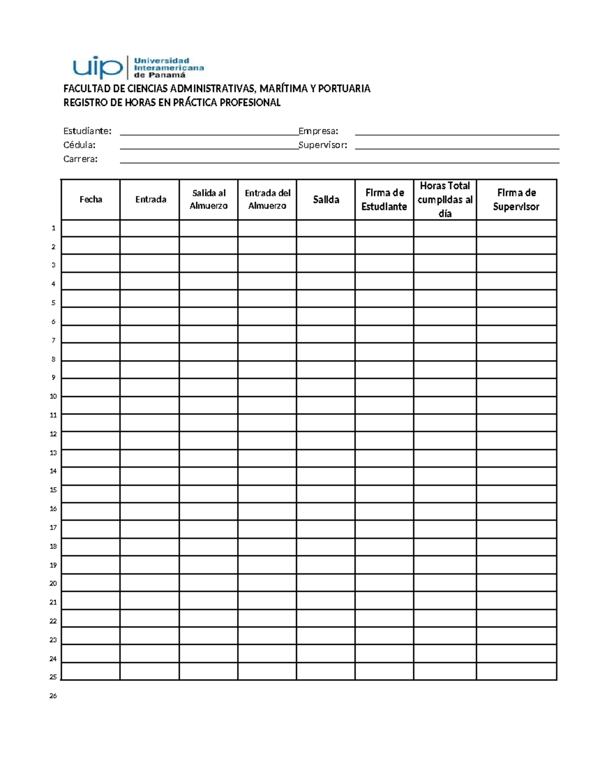 Registro de horas prácticas profesional - FACULTAD DE CIENCIAS ADMINISTRATIVAS, MARÍTIMA Y ...