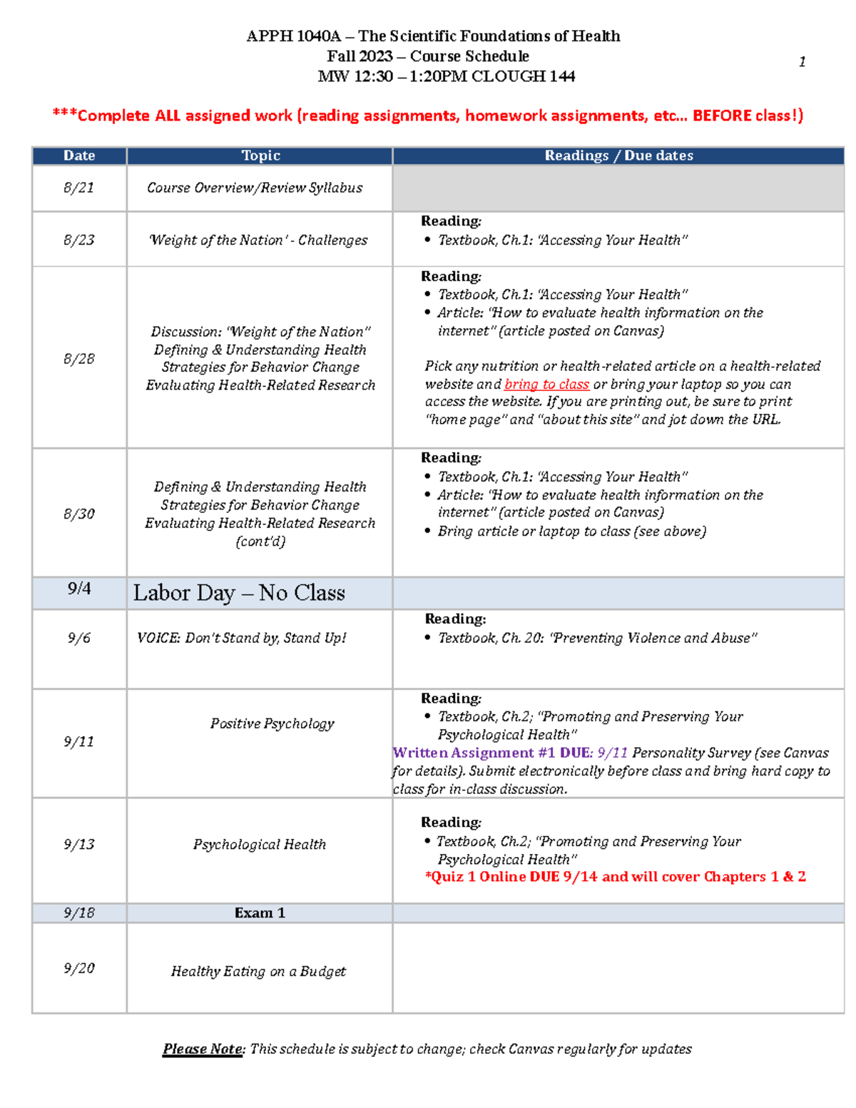 APPH 1040 A Lecture Schedule Fall 2023 Syllabus - Date Topic Readings ...
