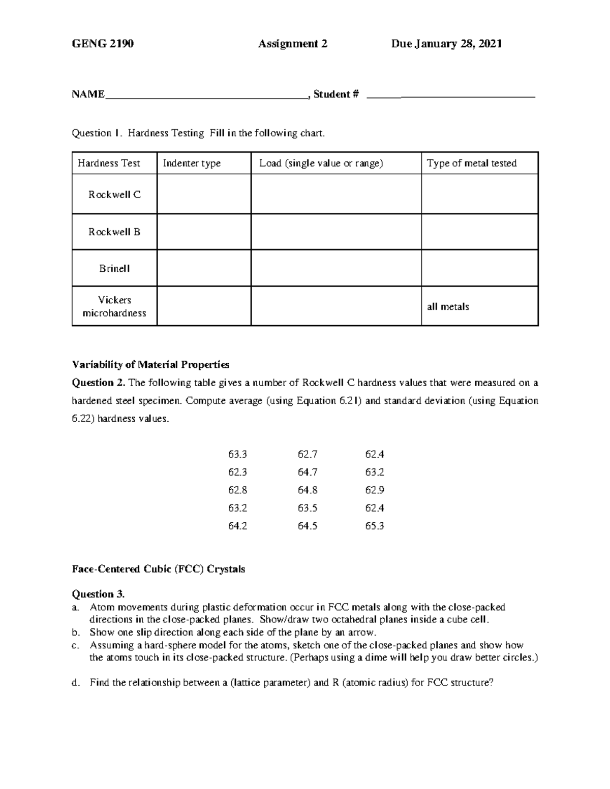 Assignment 2-Questions - GENG 2190 Assignment 2 Due January 28, 2021 ...