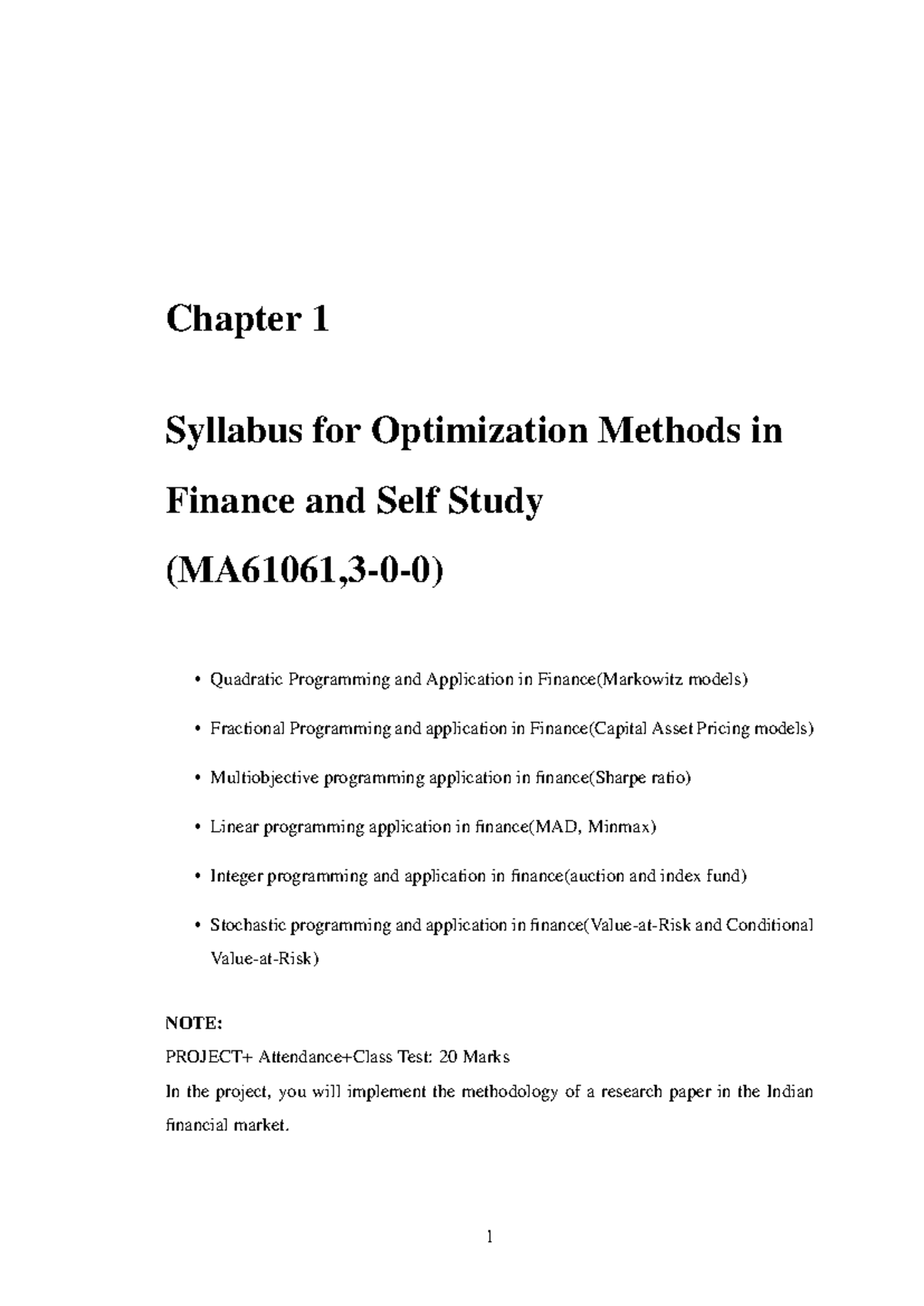 Lecture note up to Markowitz model - Chapter 1 Syllabus for Optimization Methods in Finance and ...