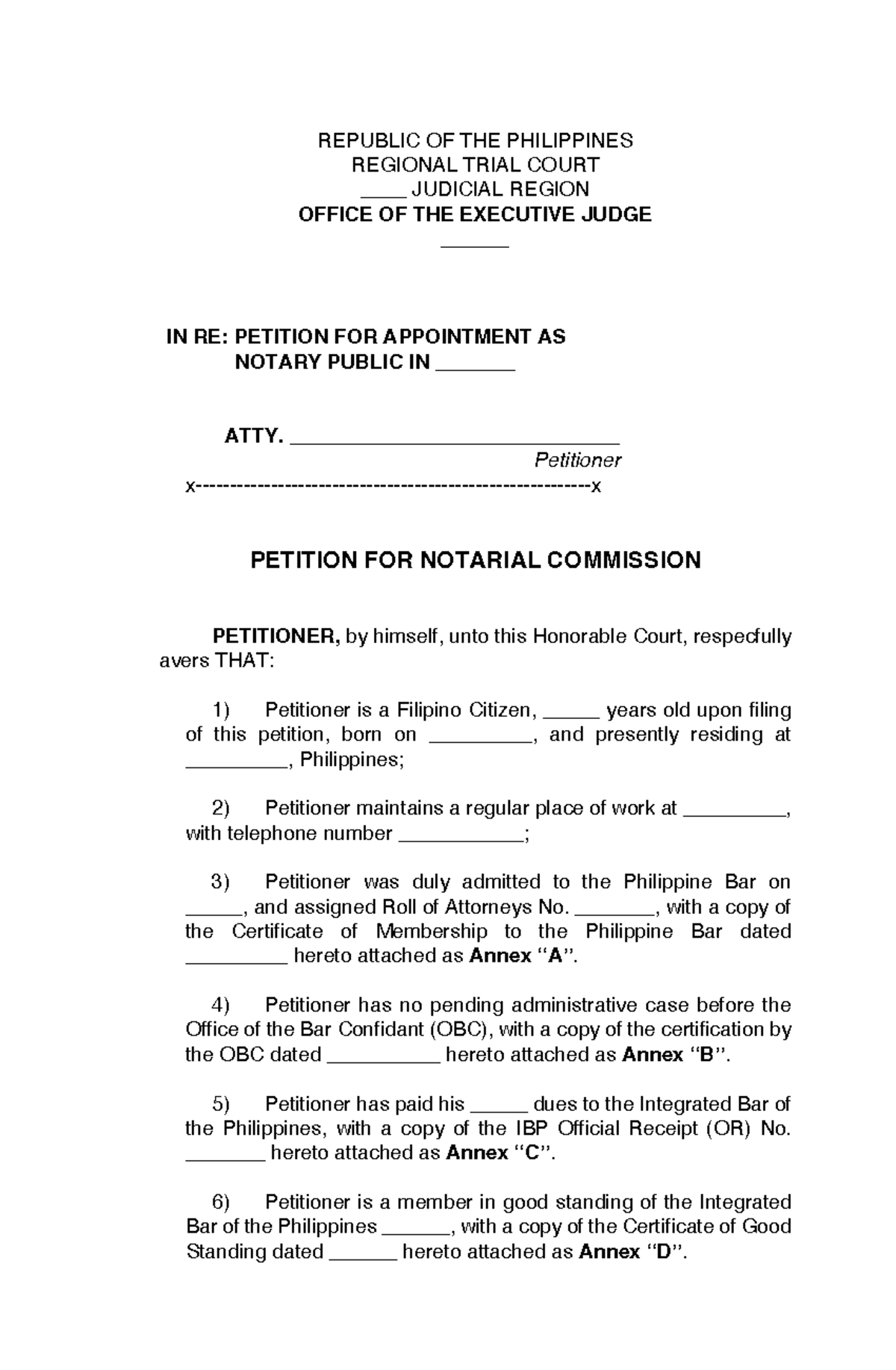 Petition FOR Notarial Commission template - REPUBLIC OF THE PHILIPPINES ...