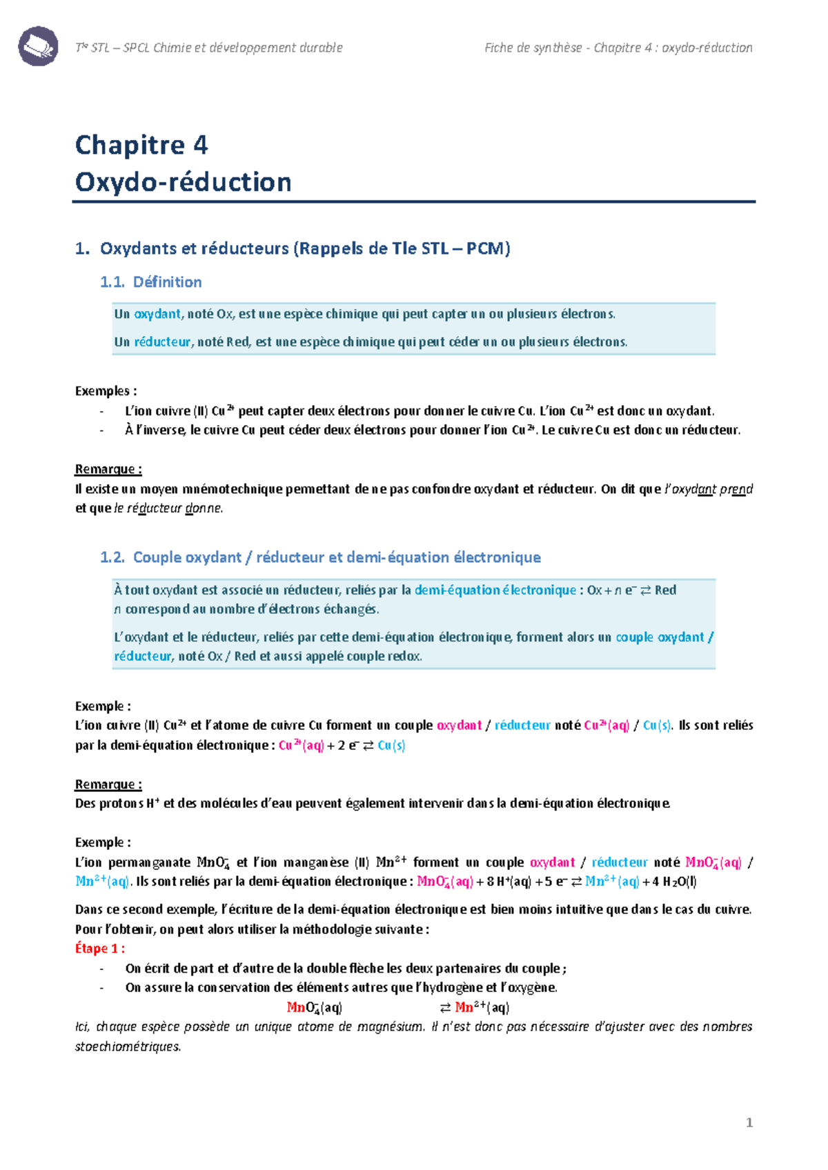Chapitre 4 - Oxydoreduction - Fiche de synthese - Chapitre 4 Oxydo ...