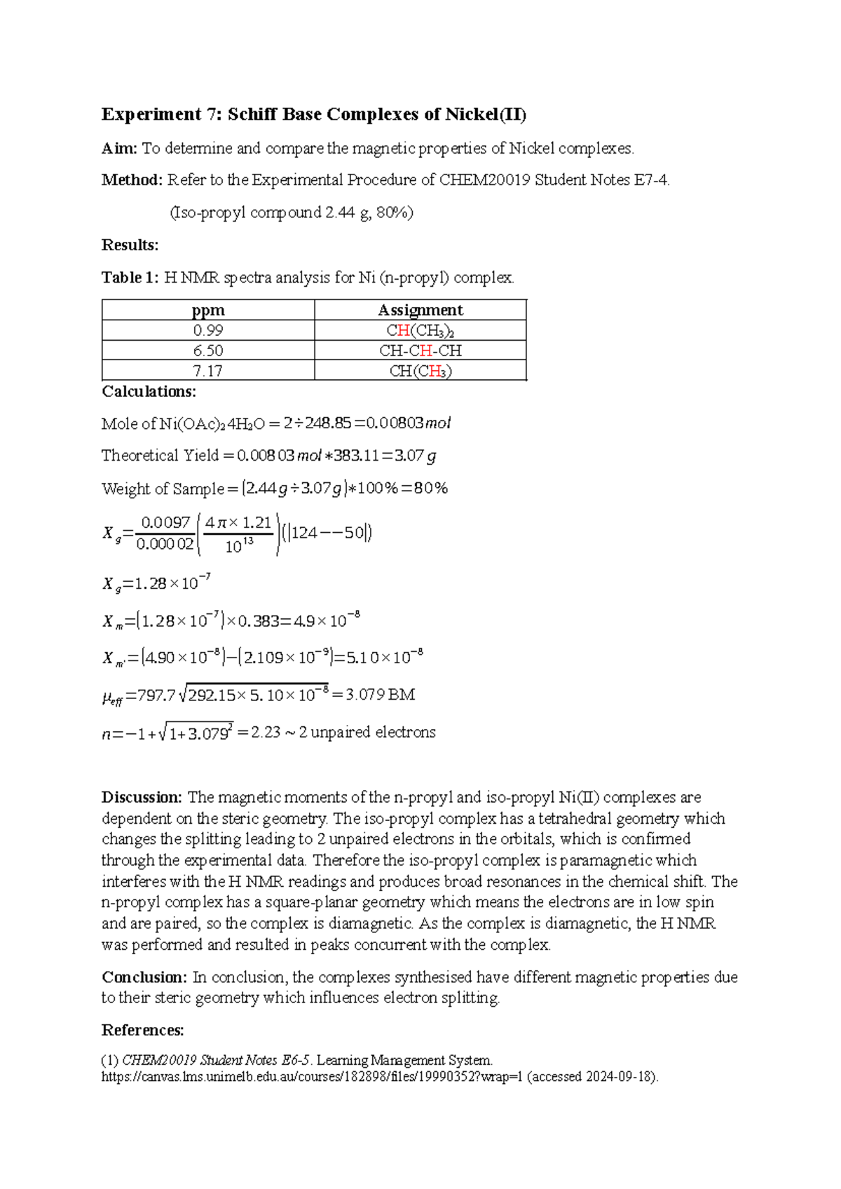 Experiment 7 - Prac 7 - Experiment 7: Schiff Base Complexes of Nickel ...