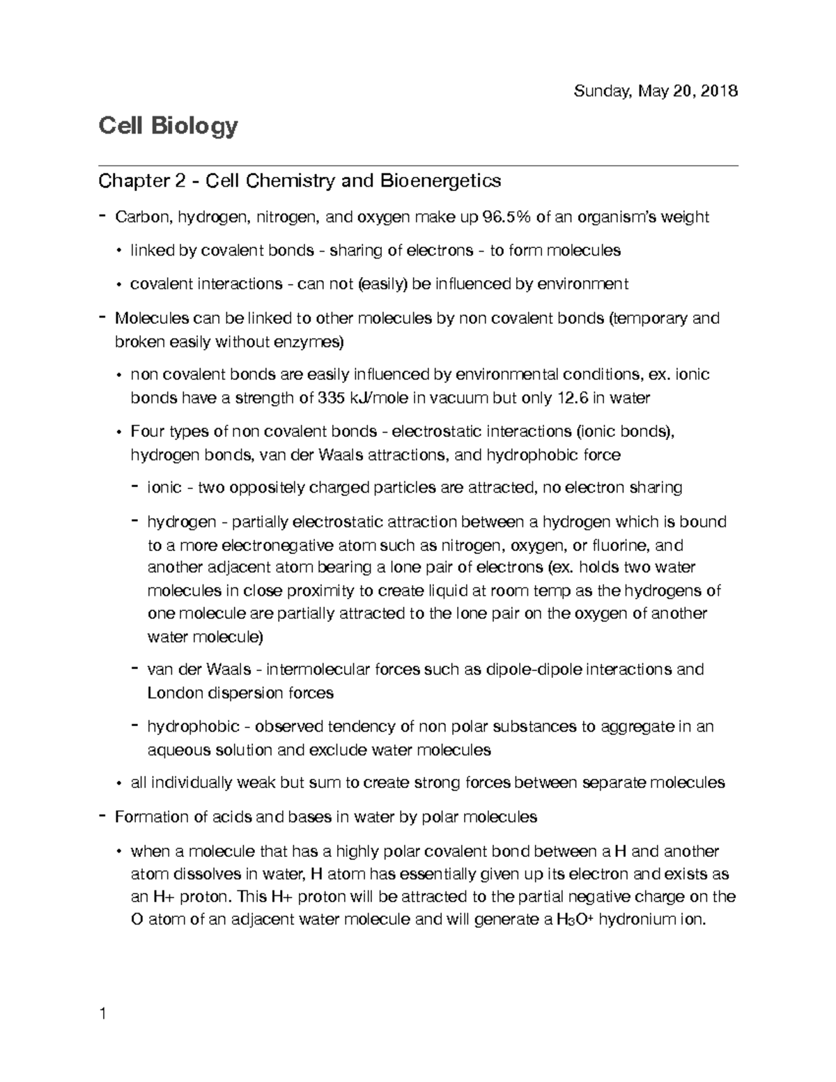 Cell bio ch 2 summary - Sunday, May 20, 2018 Cell Biology Chapter 2 ...