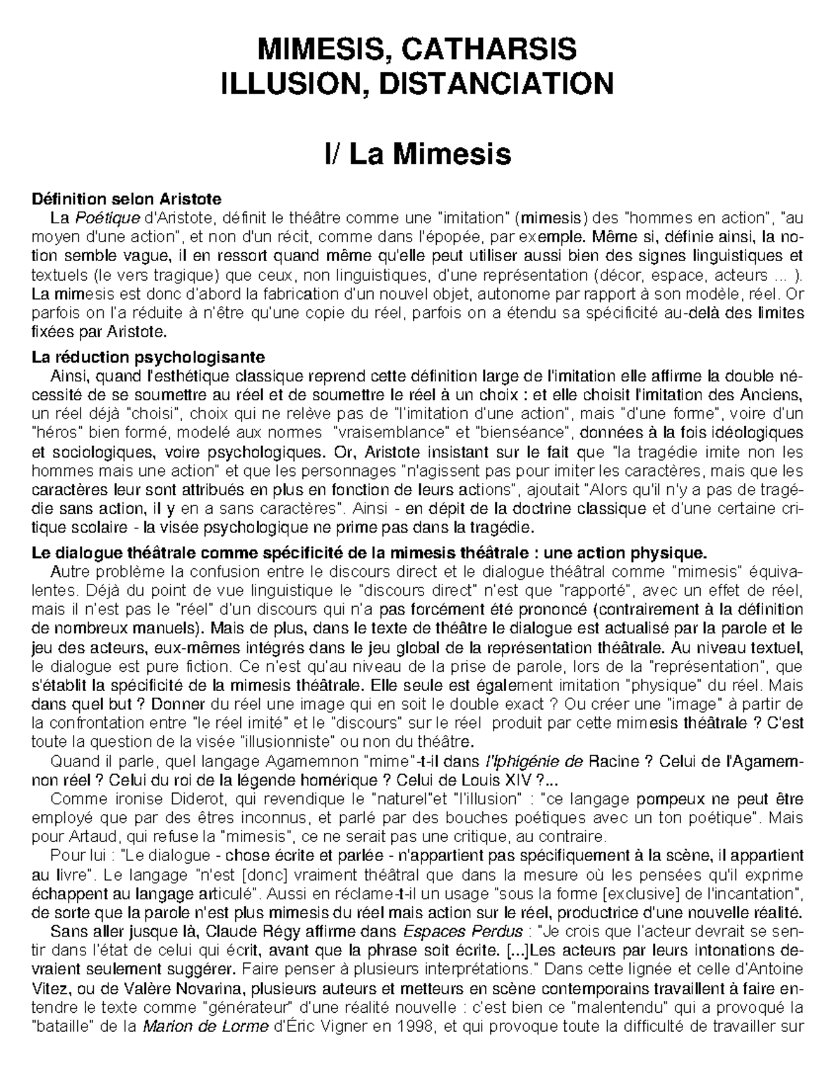 Réflexions sur le théâtre - MIMESIS, CATHARSIS ILLUSION, DISTANCIATION ...