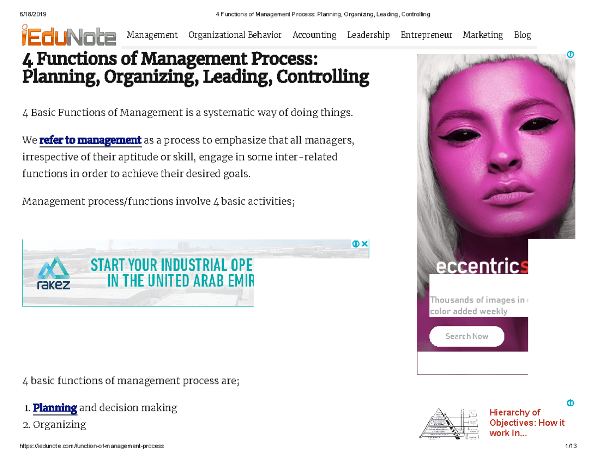 4 Functions of Management Process Planning, Organizing, Leading ...