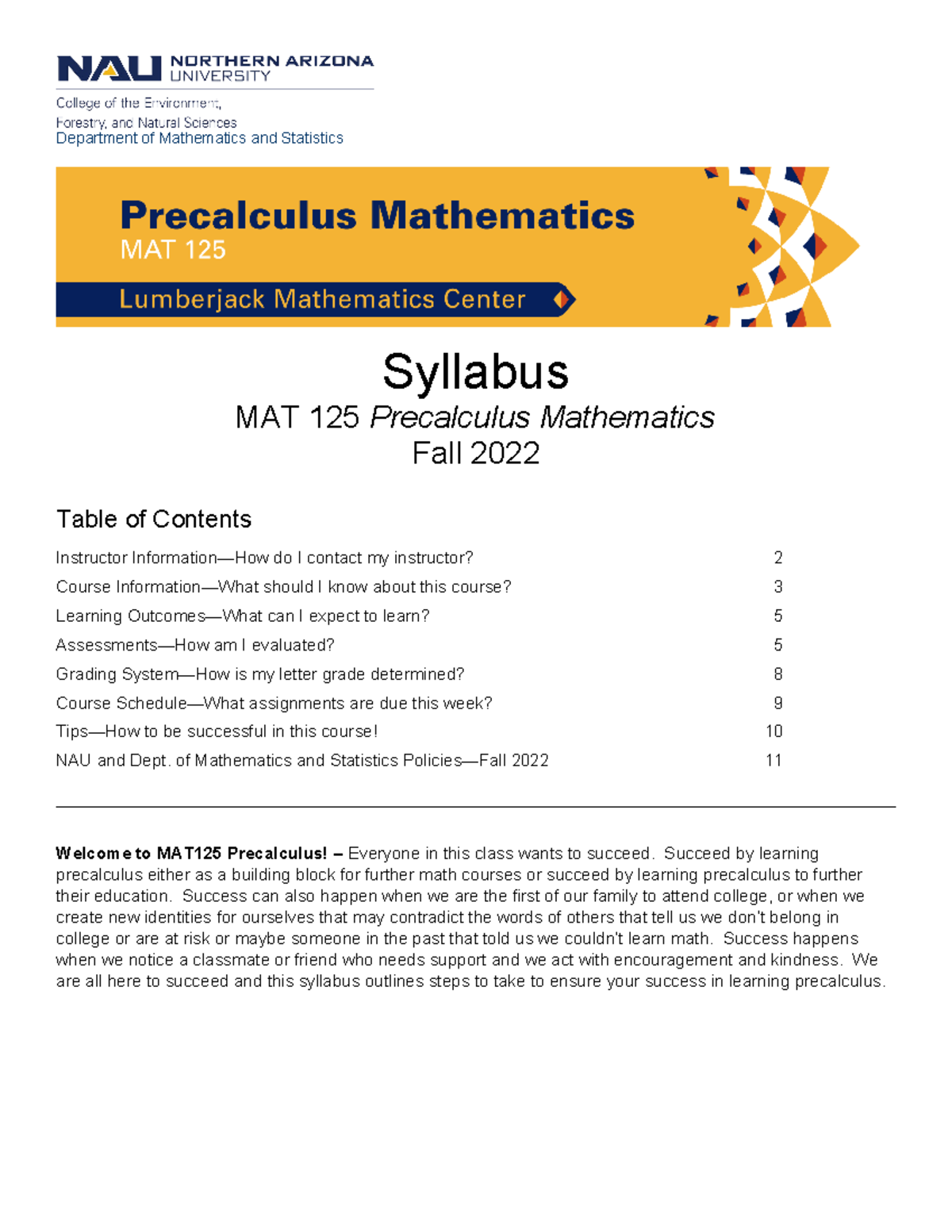 MAT 125 Section 024 Syllabus - Department of Mathematics and Statistics ...