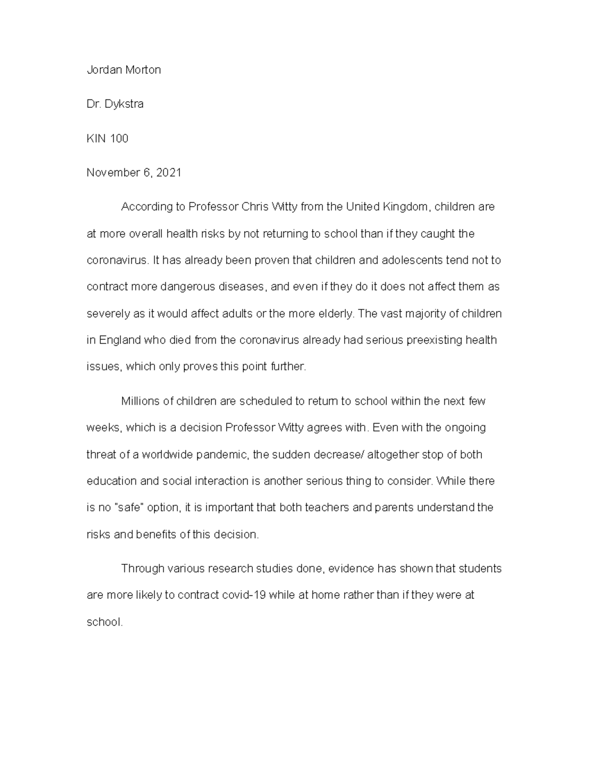 News Article Summary - Jordan Morton Dr. Dykstra KIN 100 November 6 ...