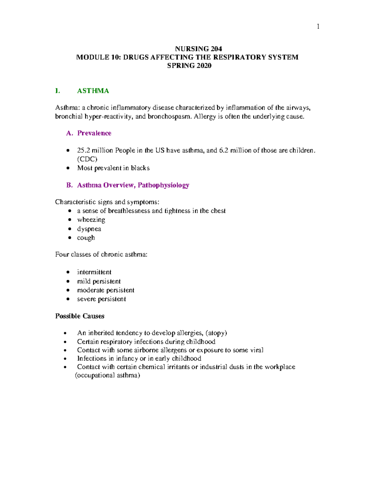 Module 10 WEEK 10 handout 2021 - NURSING 204 MODULE 10: DRUGS AFFECTING THE RESPIRATORY SYSTEM ...