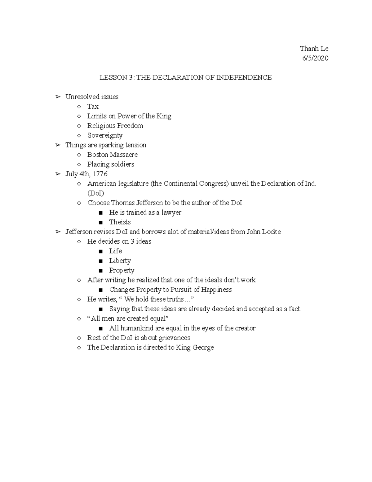 GOV- Lecture 3 The Declaration of Independence - Thanh Le 6/5/ LESSON 3 ...