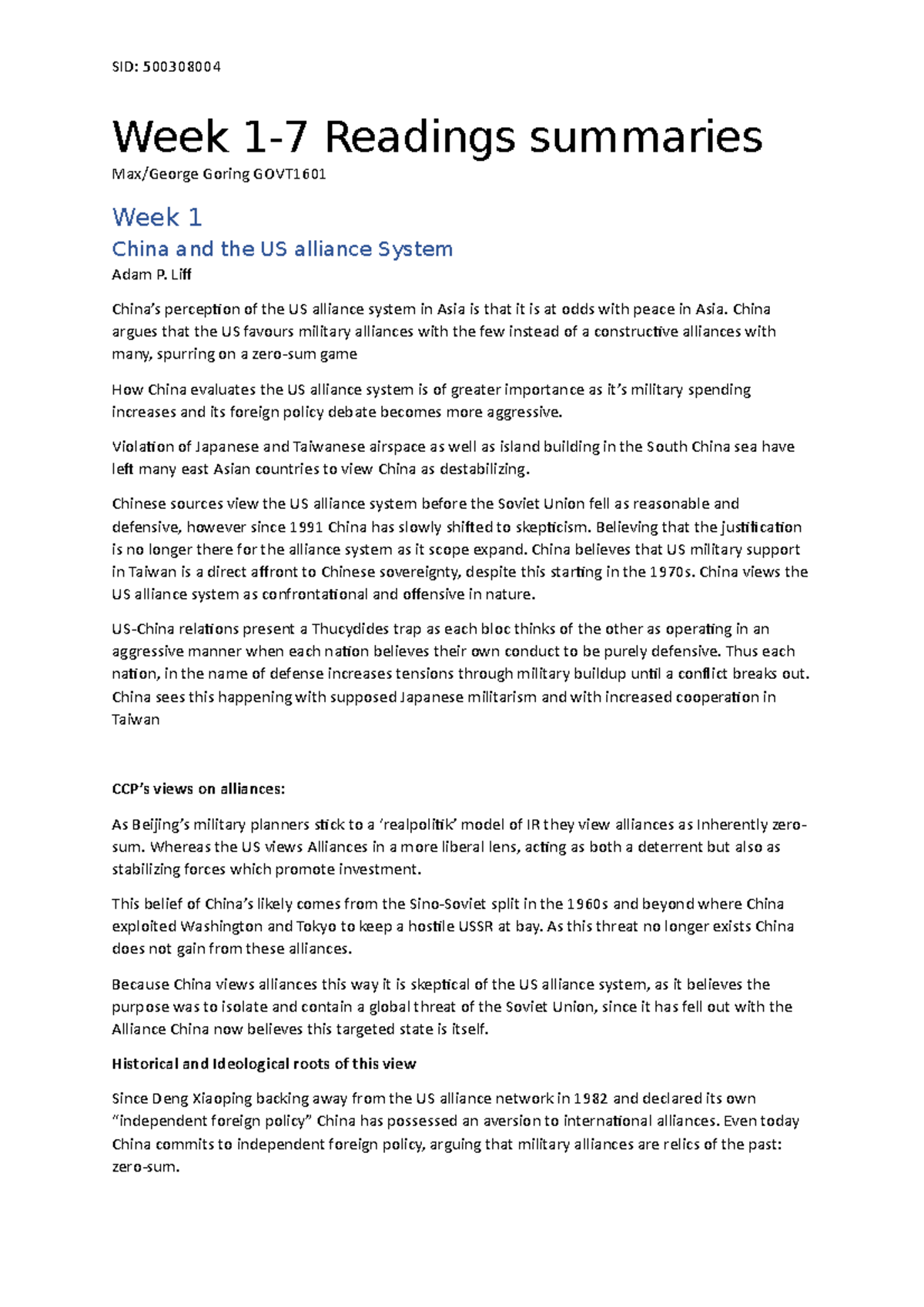 GOVT1601 reading summaries - Week 1-7 Readings summaries Max/George Goring GOVT Week 1 China and ...