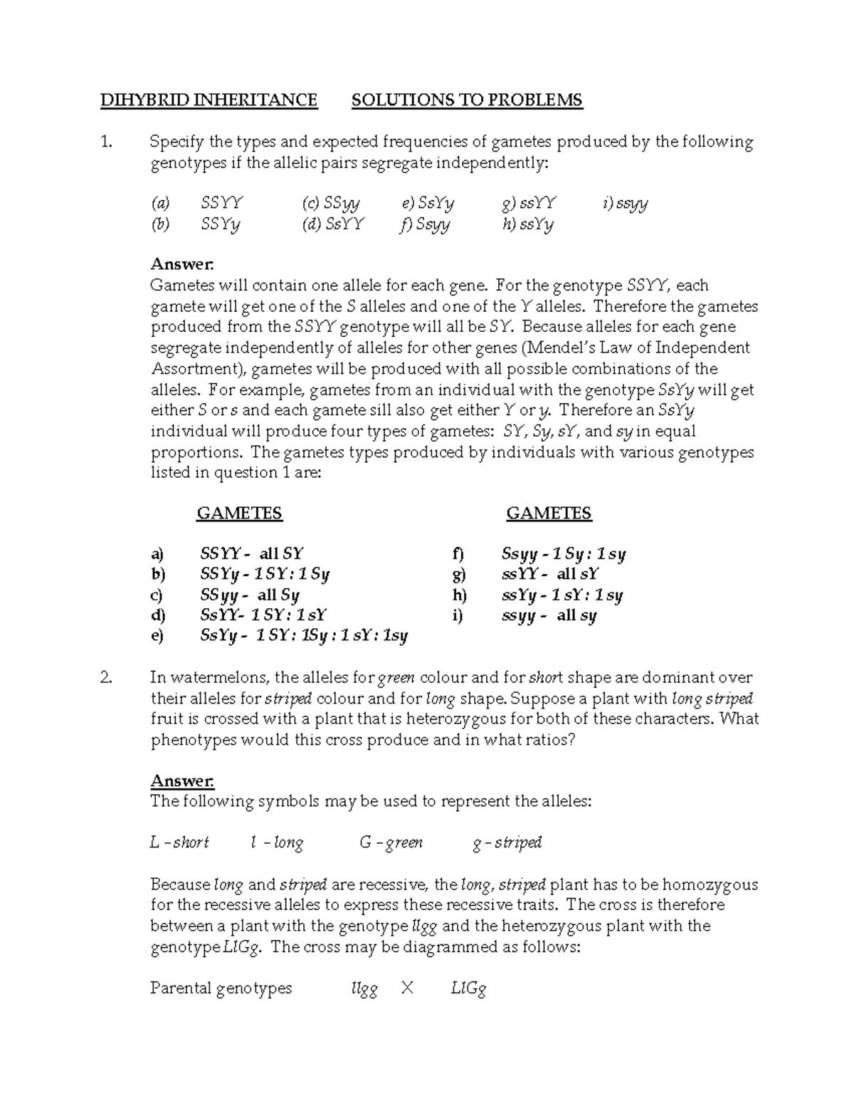 Dihybrid Inheritance - Solutions to Problems - DIHYBRID INHERITANCE ...