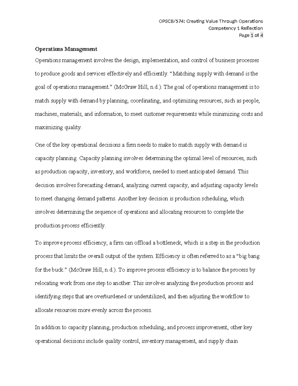 OPSCB 574 Competency 1- Reflection - Competency 1 Reflection Page 1 of 4 Operations Management ...