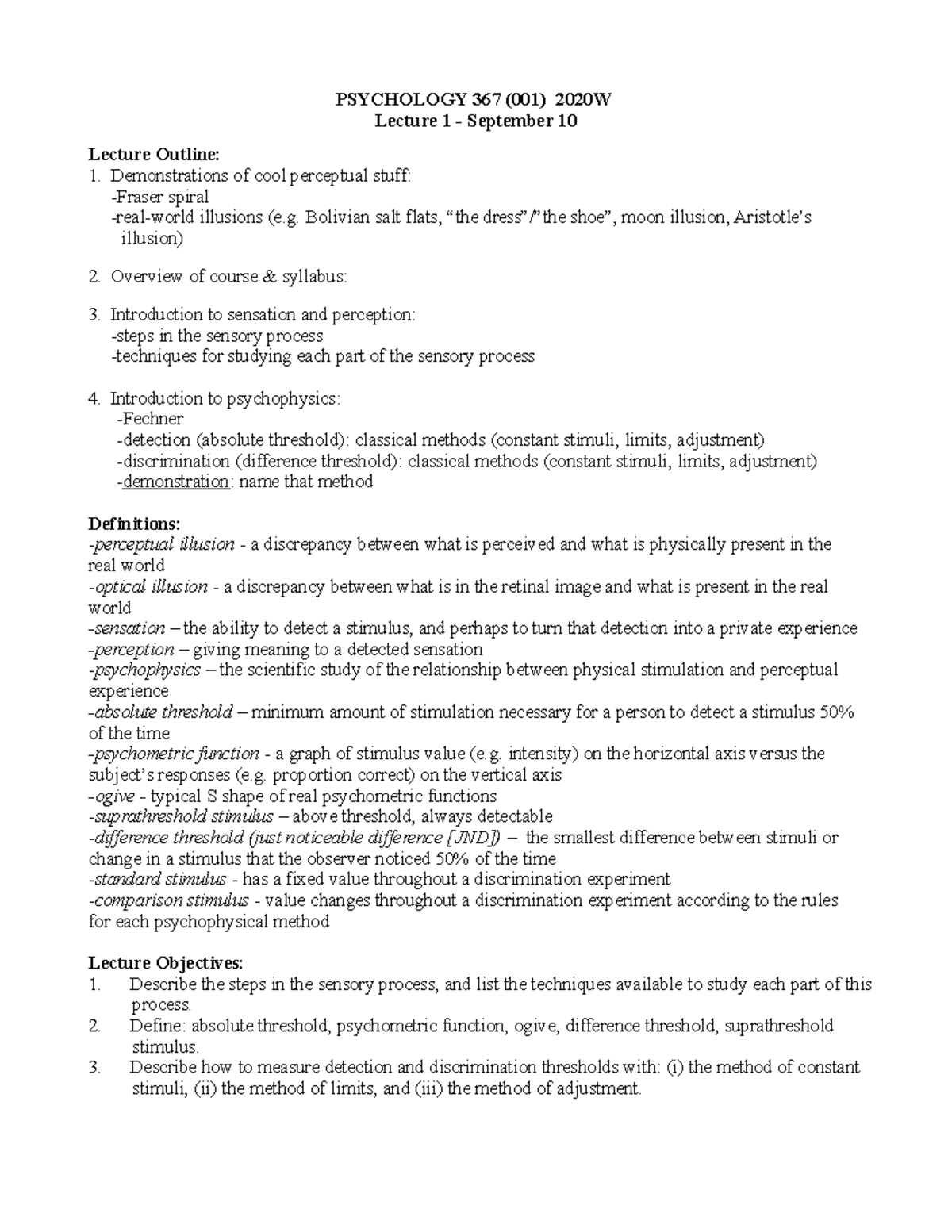 Lecture 1 Outline - PSYCHOLOGY 367 (001) 2020W Lecture 1 - September 10 ...