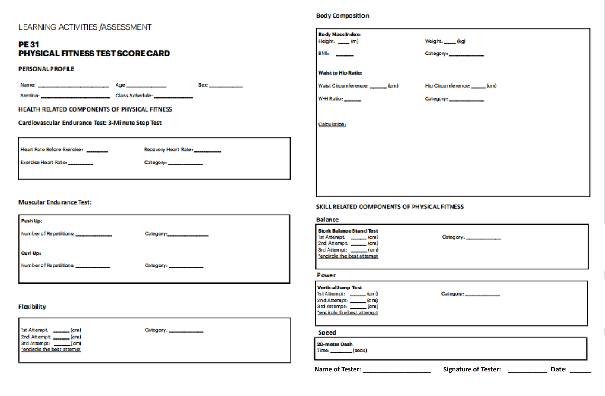 UNIT 2 PFT FORM - Physical Fitness Test Form - Fitness Exercise ...