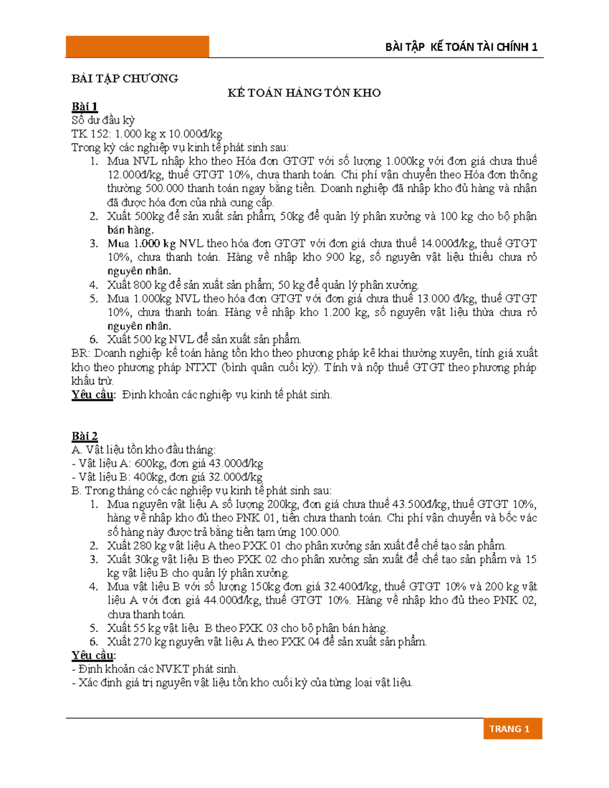 Bai tap KTTC1 - Chuong 2 - Bài tập luyện theo từng chương - I HƯƠNG N H NG N H Bài 1 Số dư đầu ...