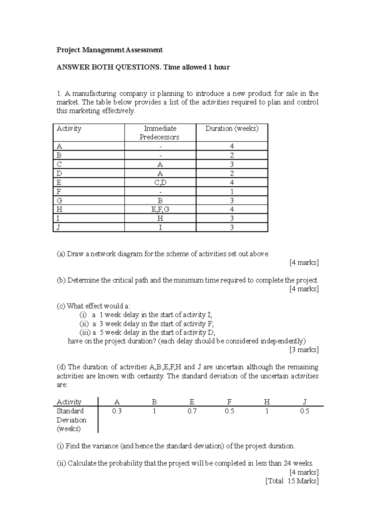 Specimen 2 - Project Management Assessment ANSWER BOTH QUESTIONS. Time ...