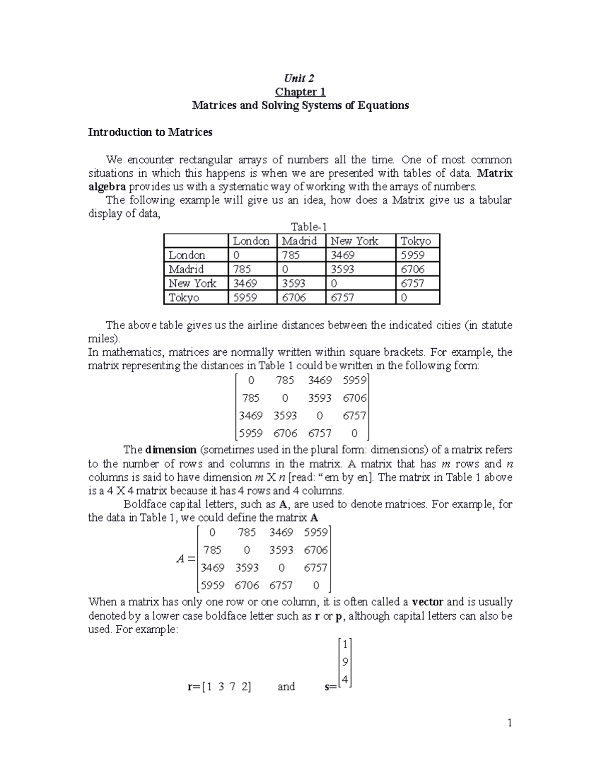Unit 2 Chapter 1introduction To Matrices Unit 2 Chapter 1 Matrices And Solving Systems Of