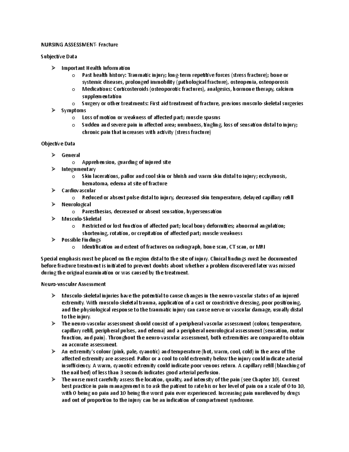 MSK- Fractures Textbook Notes - NURSING ASSESSMENT- Fracture Subjective ...