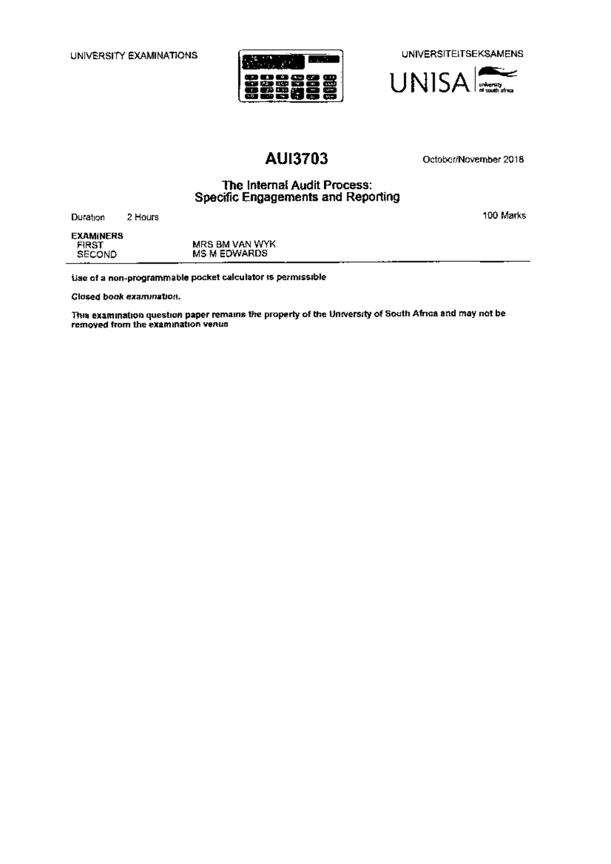 Exam 1 October 2018, questions - AUI3703 - Studocu