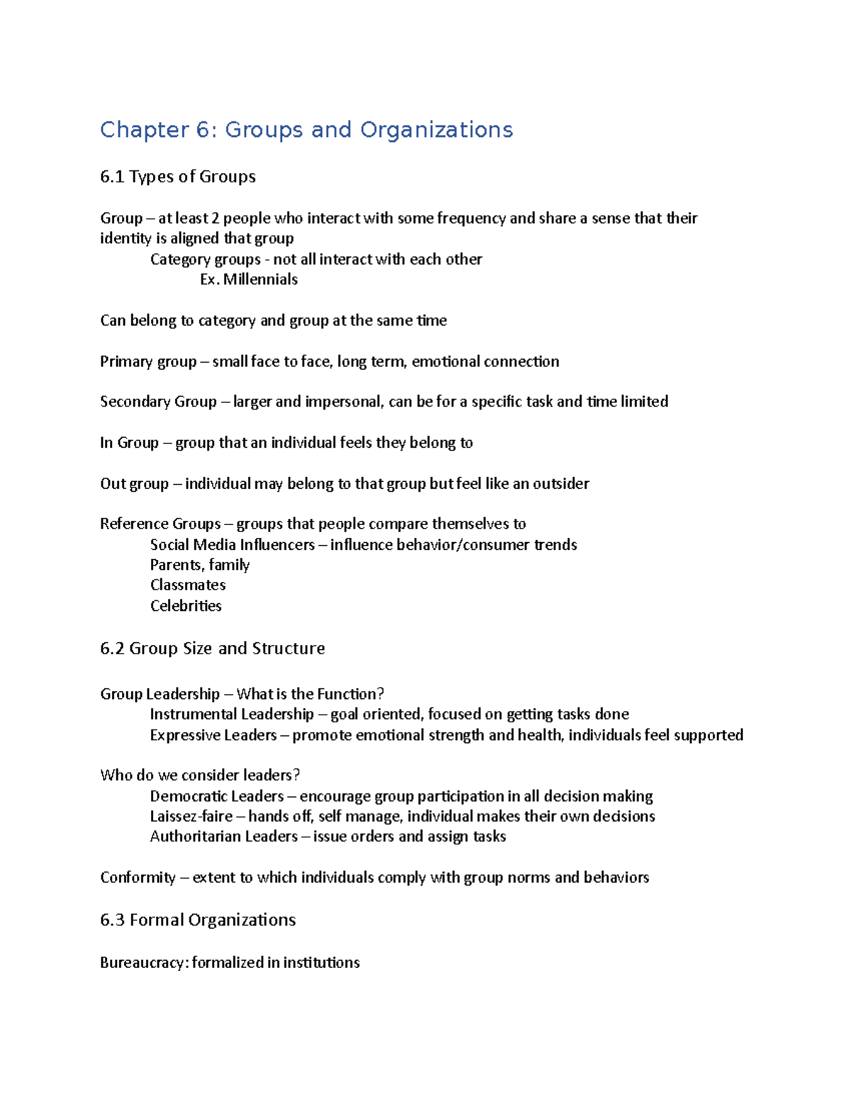 SOCChapter 6 - SOC110 with Wisniewski - Chapter 6: Groups and Organizations 6 Types of Groups ...