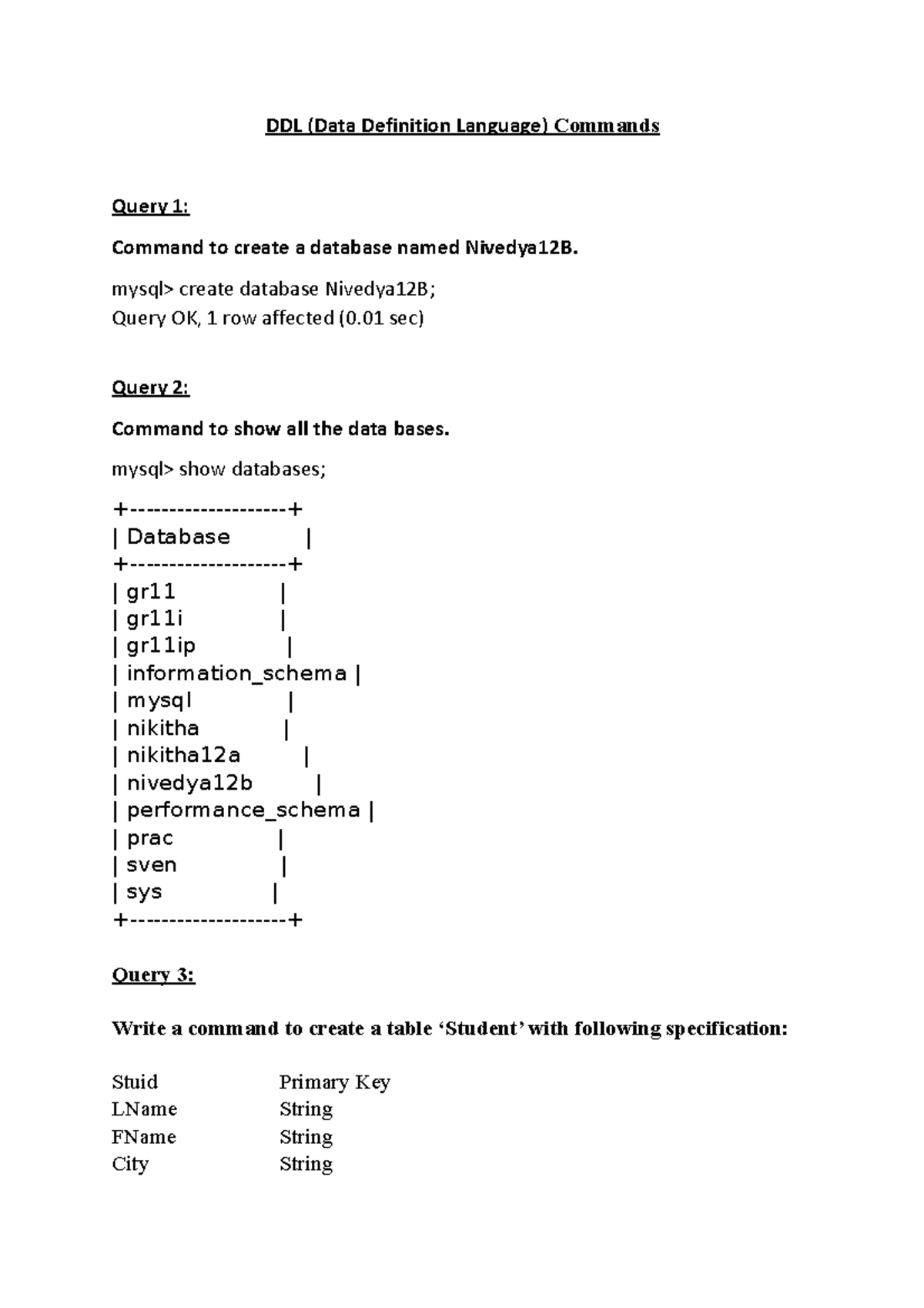 Nivedya - We made it - DDL (Data Definition Language) Commands Query 1 ...