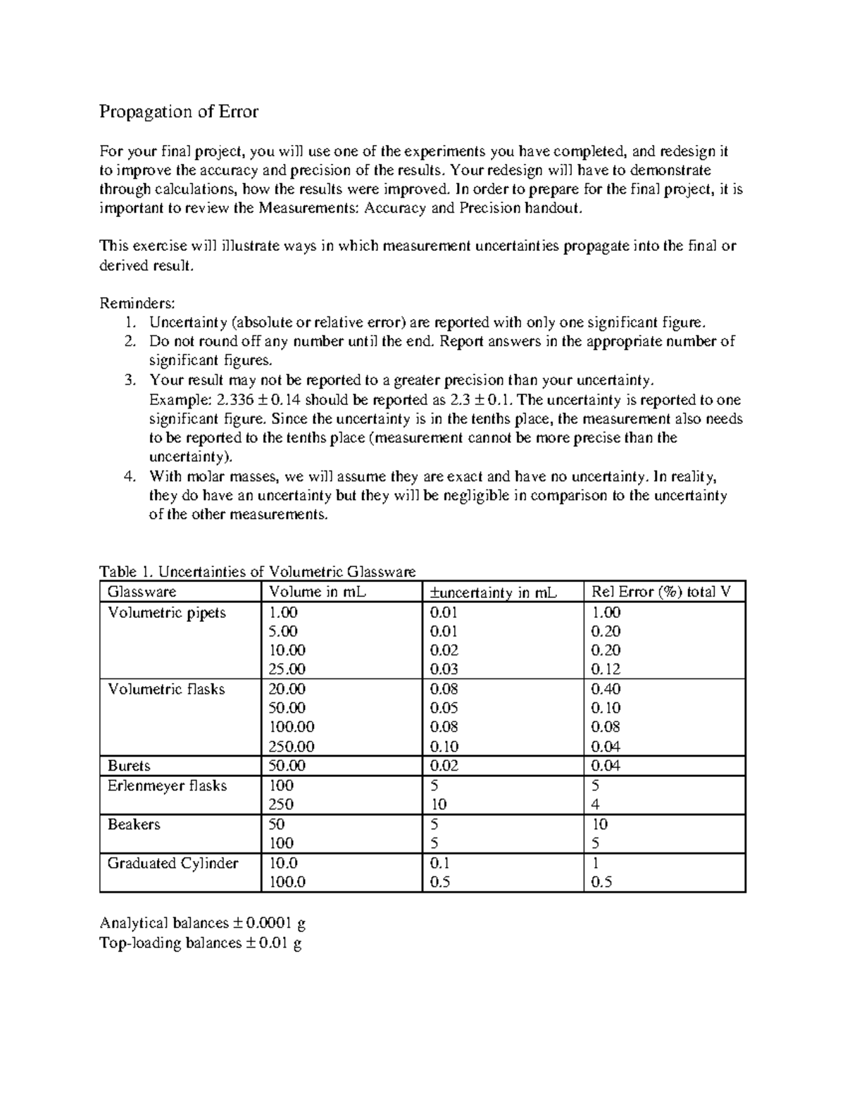 Propagation of Error Worksheet (1) - Propagation of Error For your ...