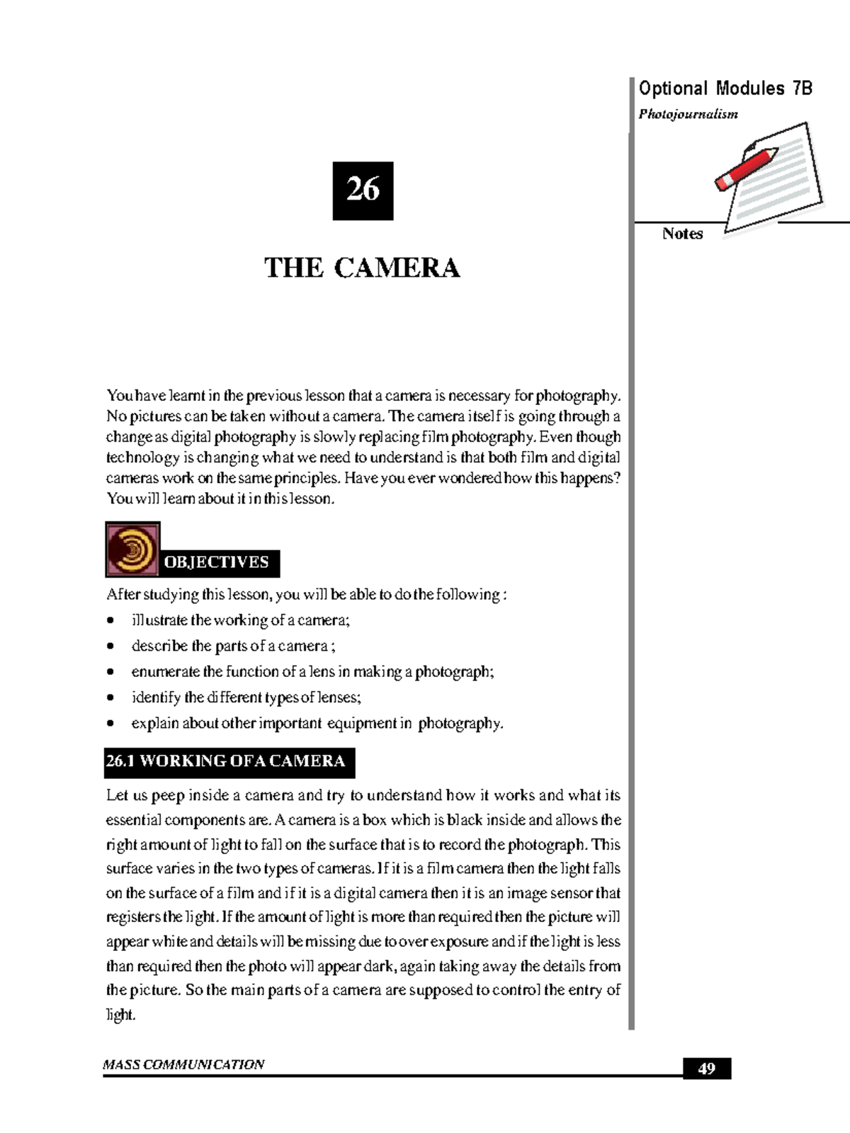 Camera using and technique - MASS COMMUNICATION Optional Modules 7B ...