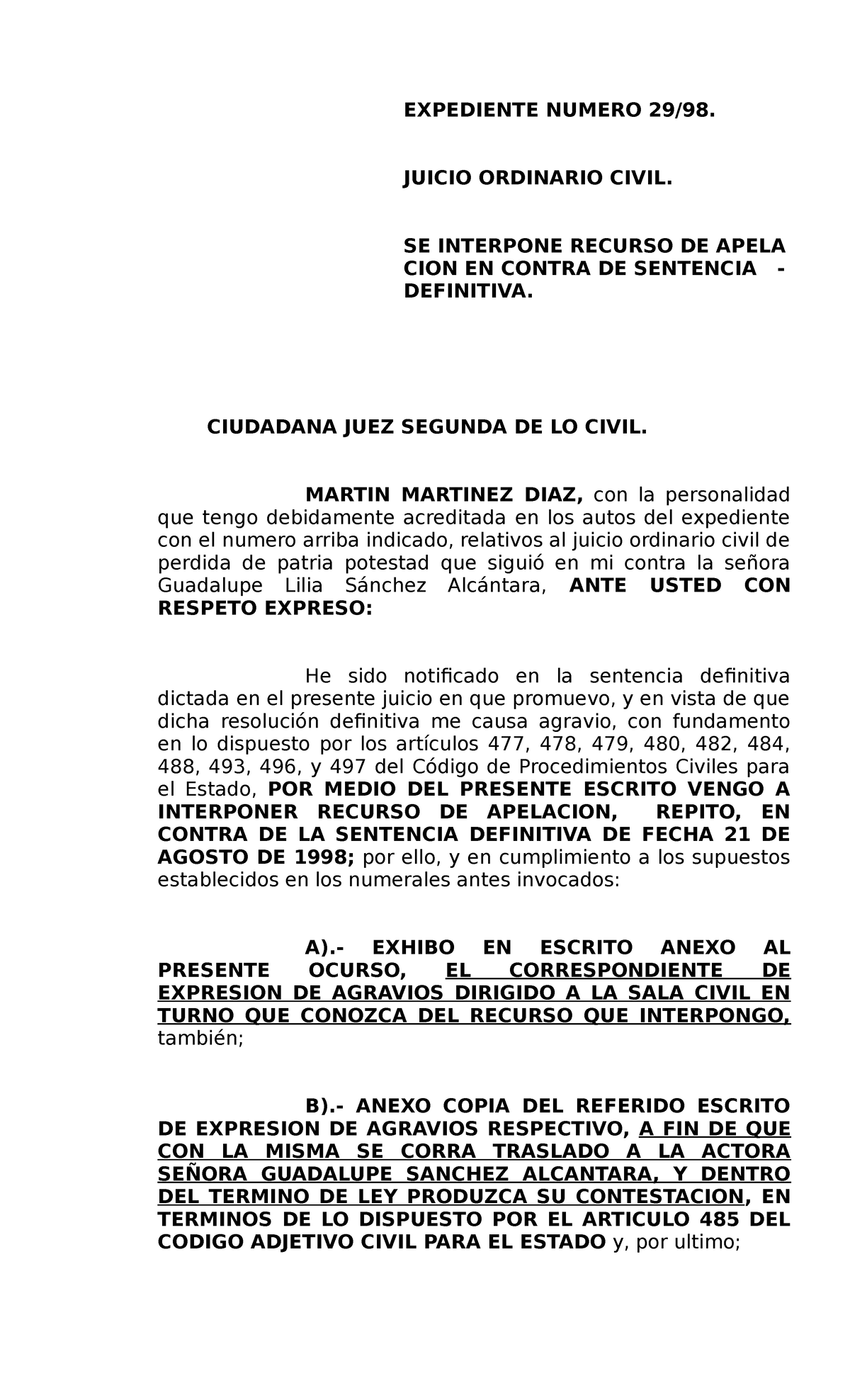Apel. Civil. Martìn Mtz. Diaz. Juzg. 2o. C. Exp. 29-98 - EXPEDIENTE ...