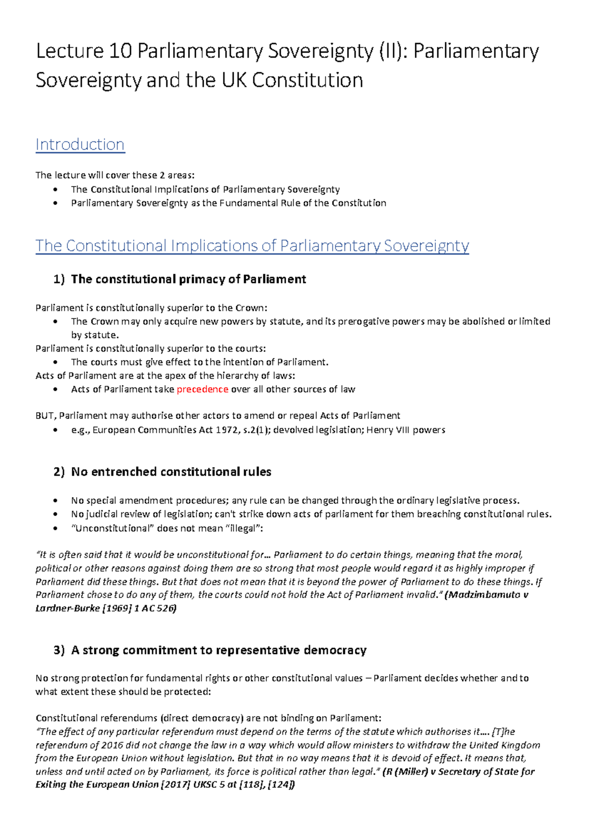 Parliamentary Sovereignty (II) Lecture 10 notes - Lecture 10 ...