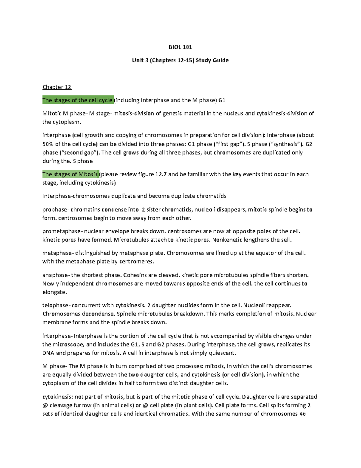 Exam3 Study guide - chpts 12-15 - BIOL 101 Unit 3 (Chapters 12-15 ...