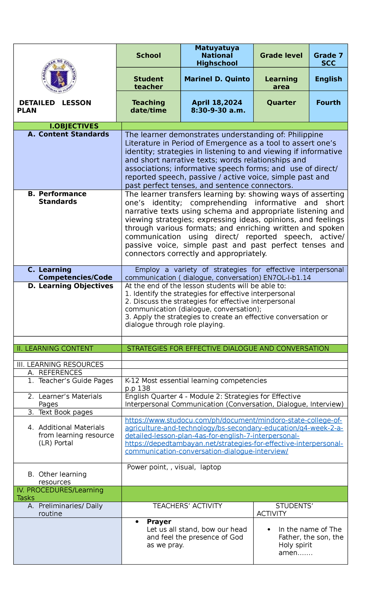 Conversationdialogue - DETAILED LESSON PLAN School Matuyatuya National ...