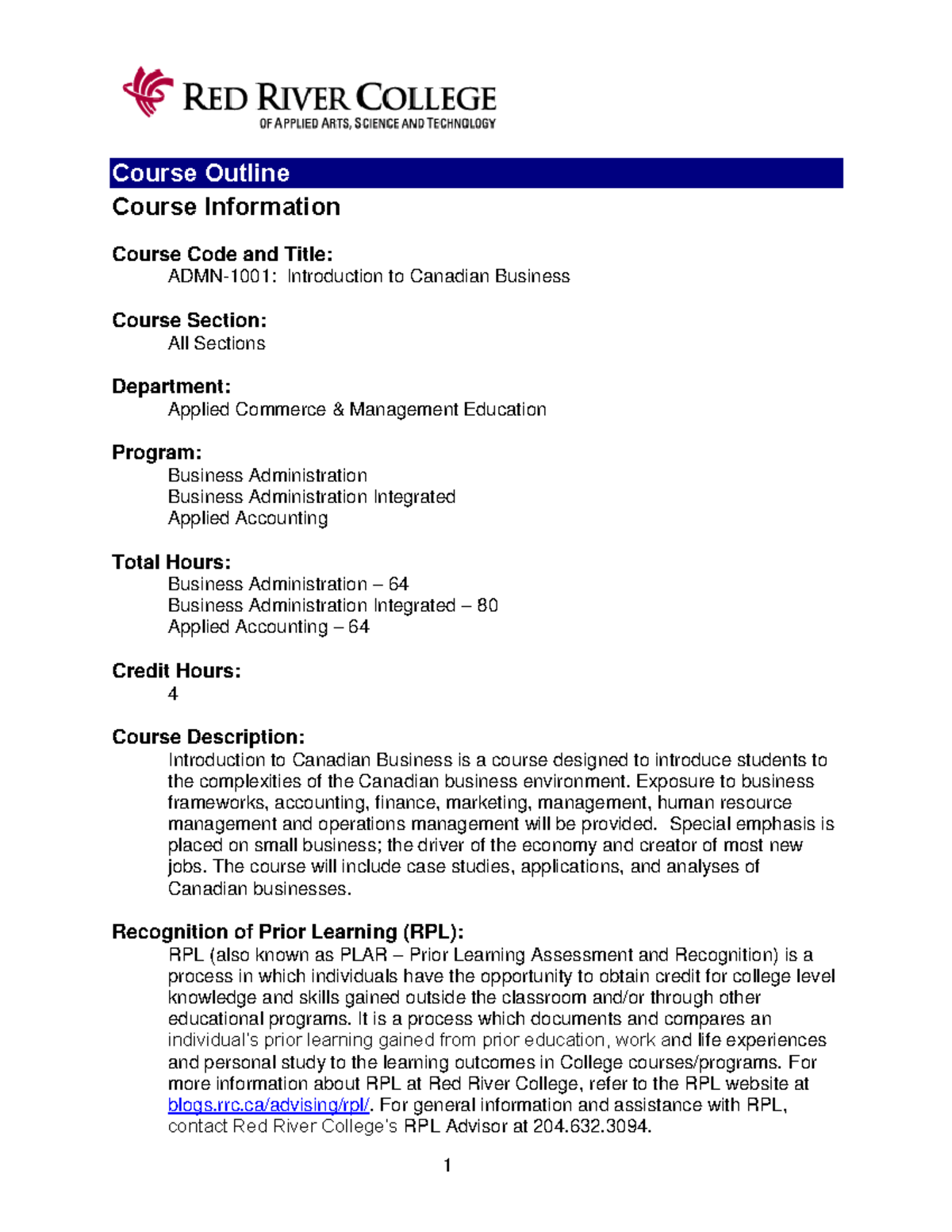 ADMN-1001 Introduction to Canadian Business - Course Outline Course ...