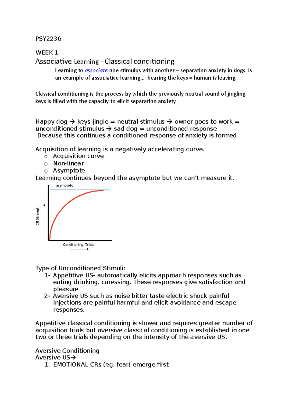 PSY2236 Lectures - Lecture notes 1-2 - PSY WEEK 1 Associative Learning ...