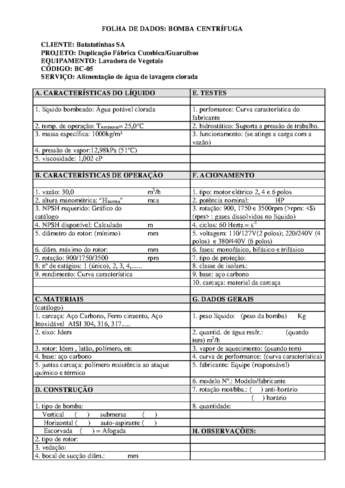 AULA PPI Folha DE Bombas E Equipamentos - FOLHA DE DADOS: BOMBA ...