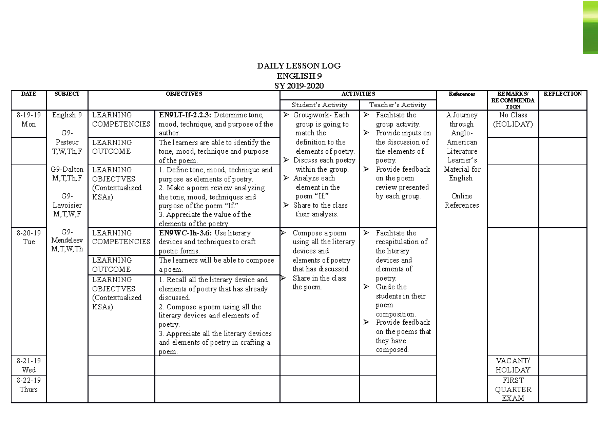 Aug. 19-23 - DAILY LESSON LOG ENGLISH 9 SY 2019- DATE SUBJECT ...