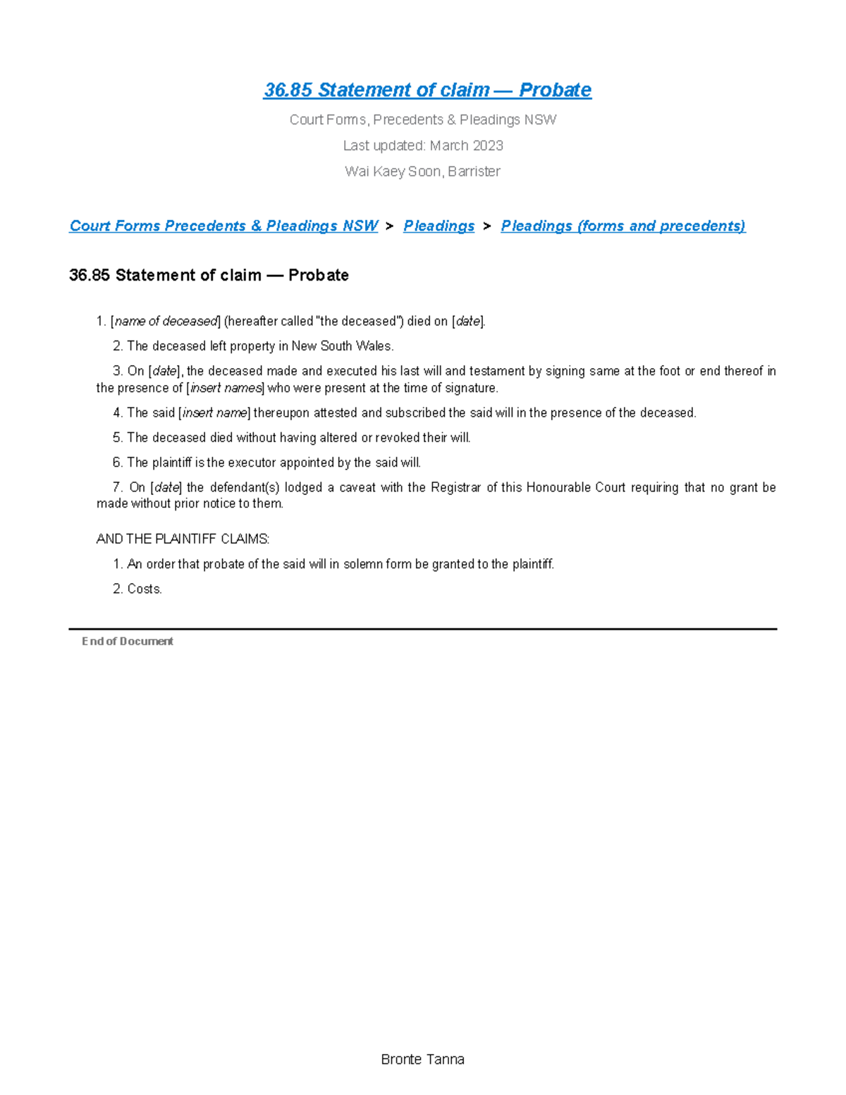 36.85 Statement of claim — Probate - 36 Statement of claim — Probate ...