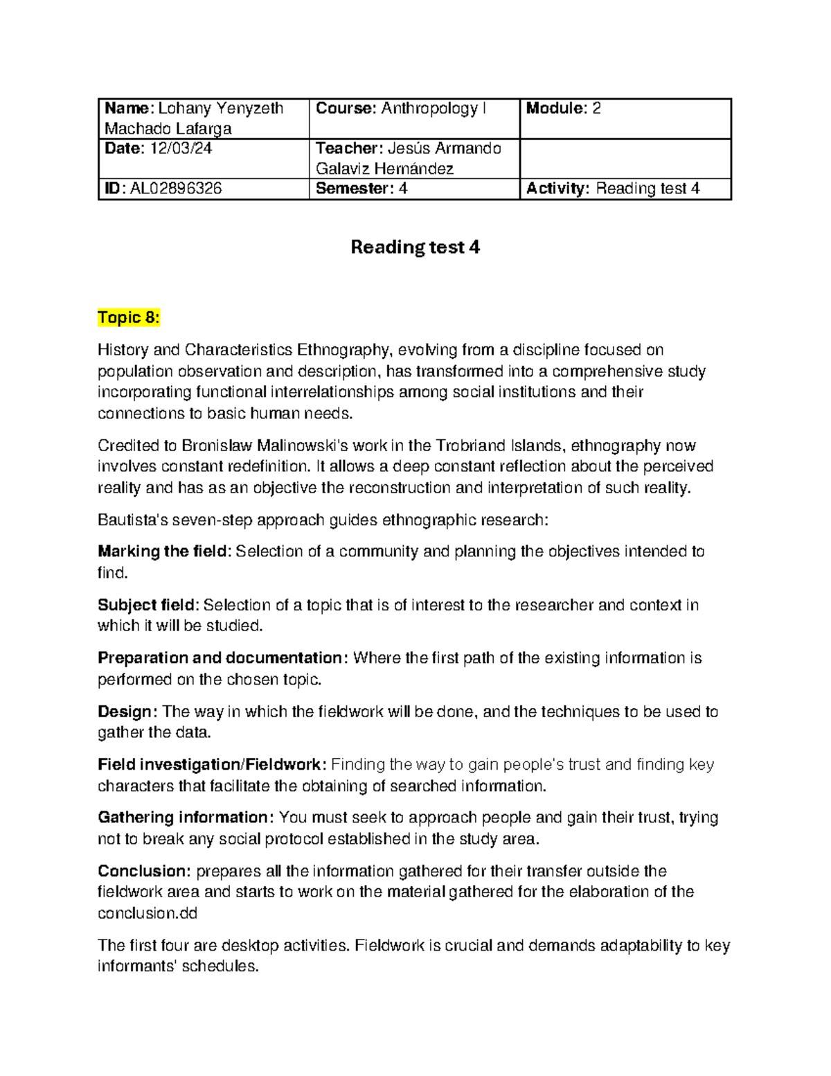 Anthropology reading test 4 - Name: Lohany Yenyzeth Machado Lafarga ...