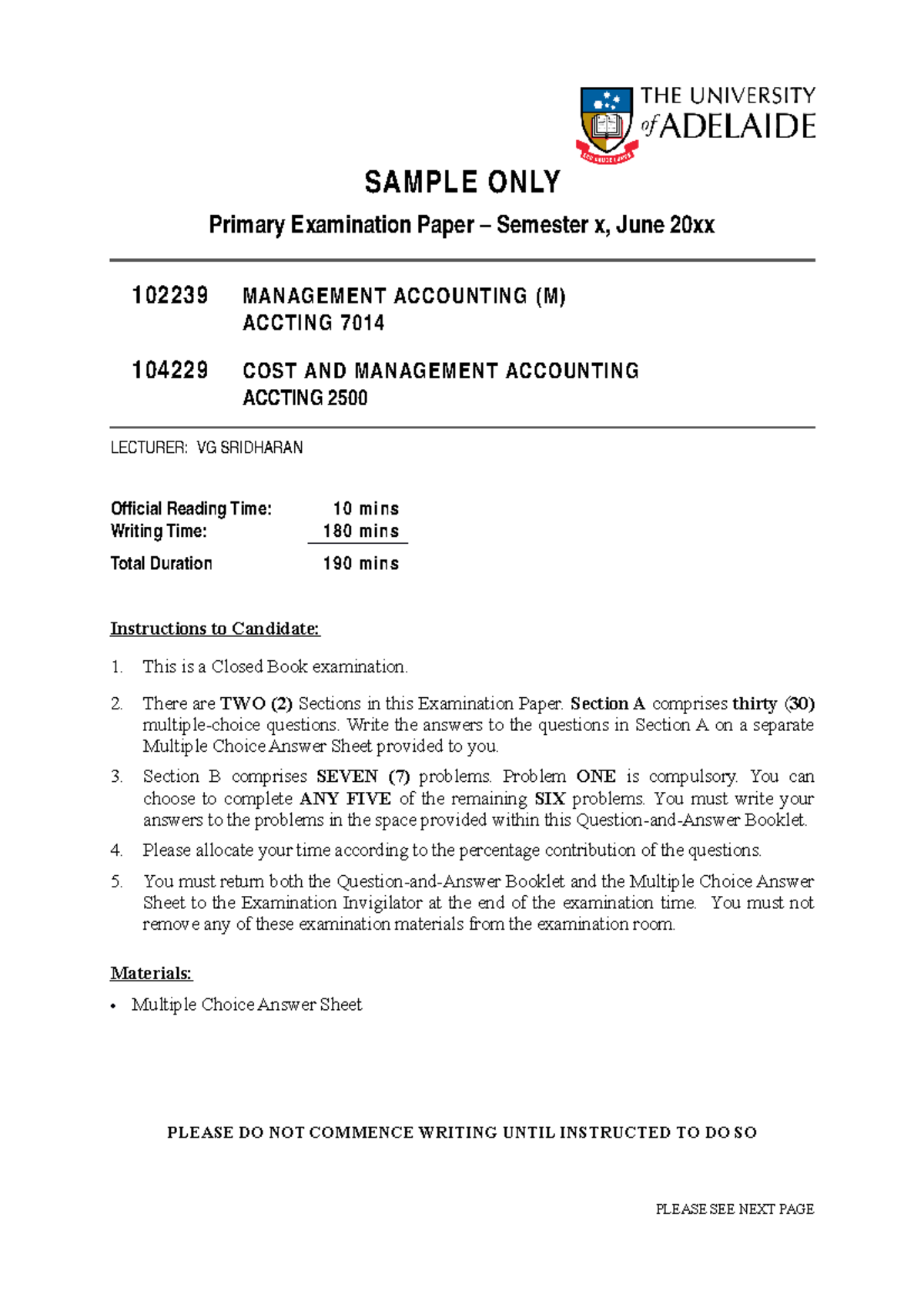 Sample Final Examination Booklet With Solutions - SAMPLE ONLY Primary ...