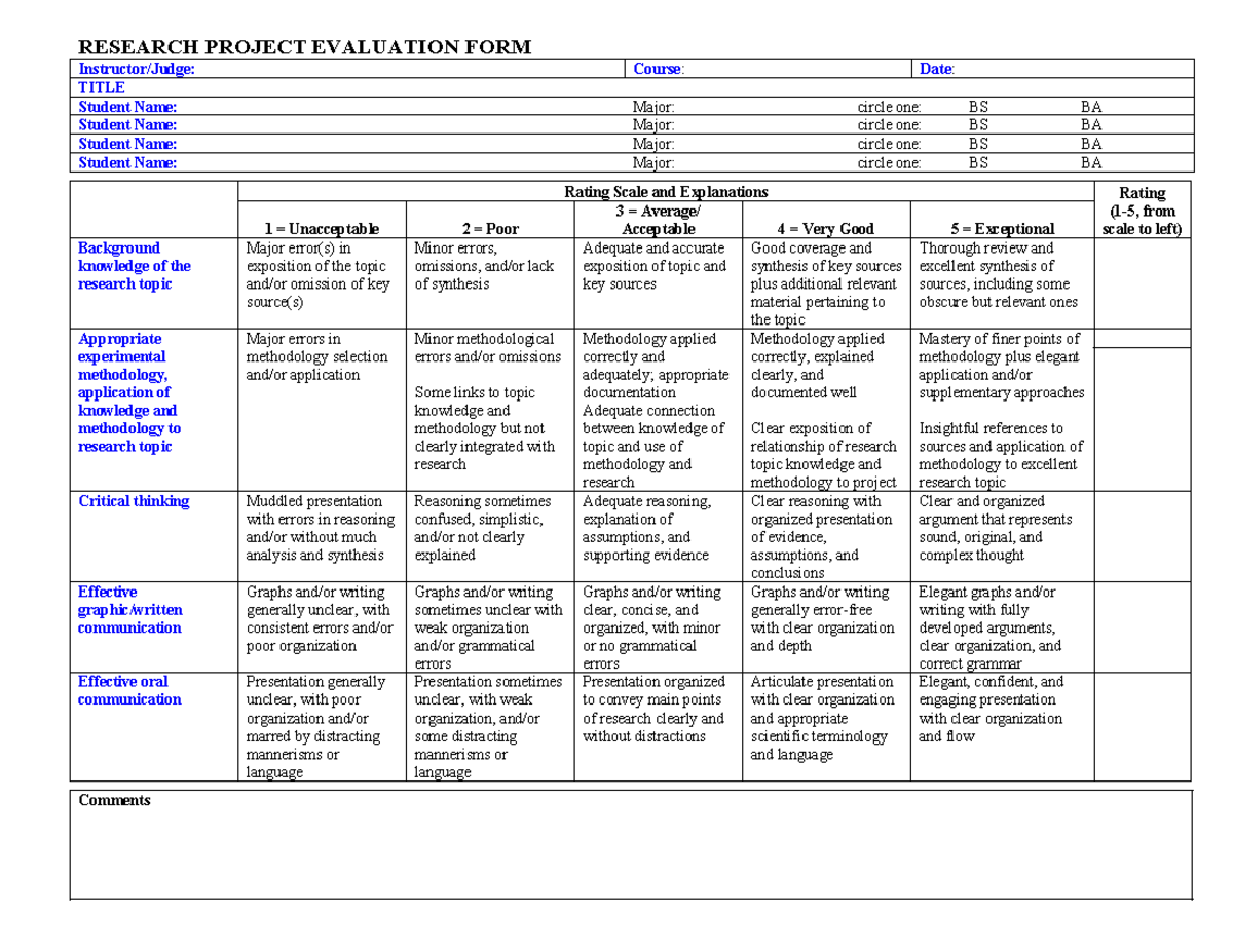151F20 presentation assessment rubric - RESEARCH PROJECT EVALUATION FORM Instructor/Judge ...