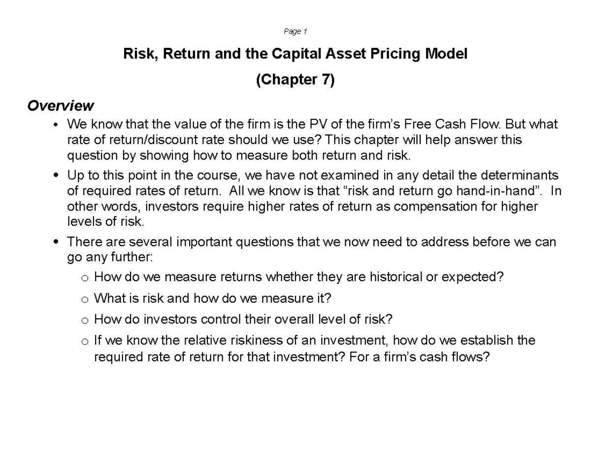 Chapter 7: Risk, Return & The Capital Asset Pricing Model - Risk ...