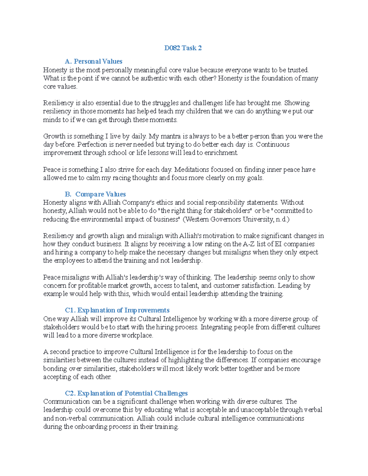 D082 Task 2 M Weibel - D082 Task 2 A. Personal Values Honesty is the ...