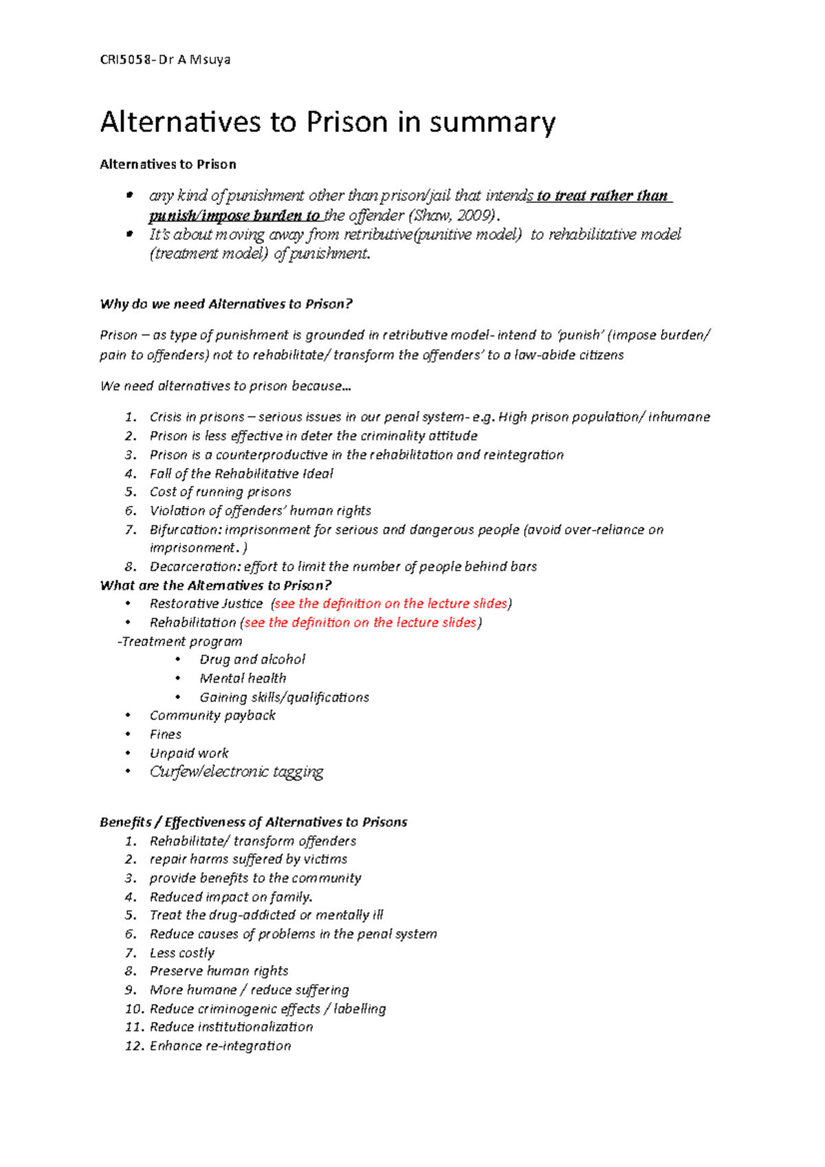 CRI5058 - Alternatives to Prisons - CRI5058- Dr A Msuya Alternatives to ...