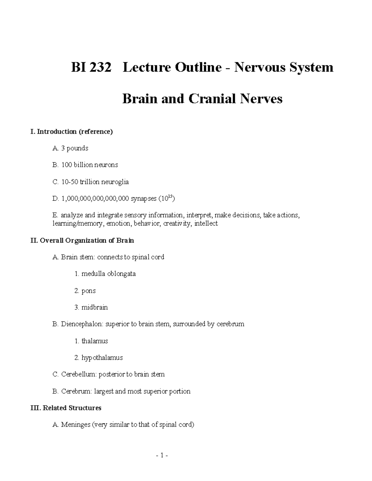 Lecture Chapter Brain BI 232 - BI 232 Lecture Outline - Nervous System Brain and Cranial Nerves ...