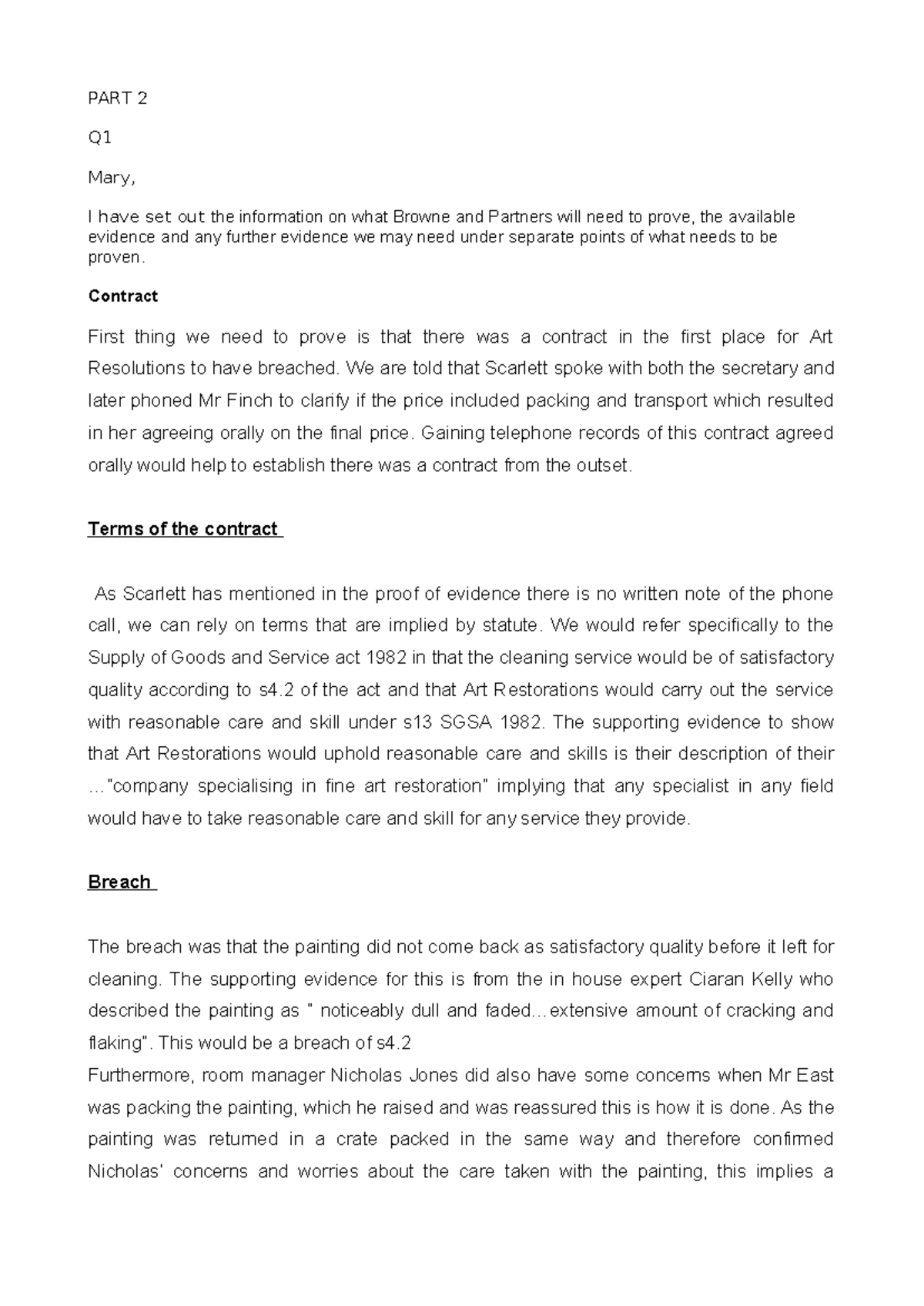 Dispute resolution written mock - PART 2 Q Mary, I have set out the ...