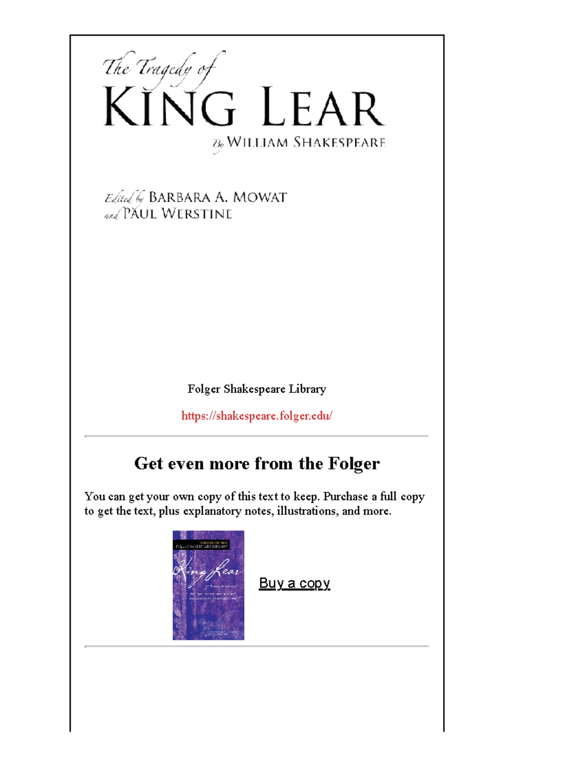 King Lear - William Shakespeare - Get even more from the Folger You can ...